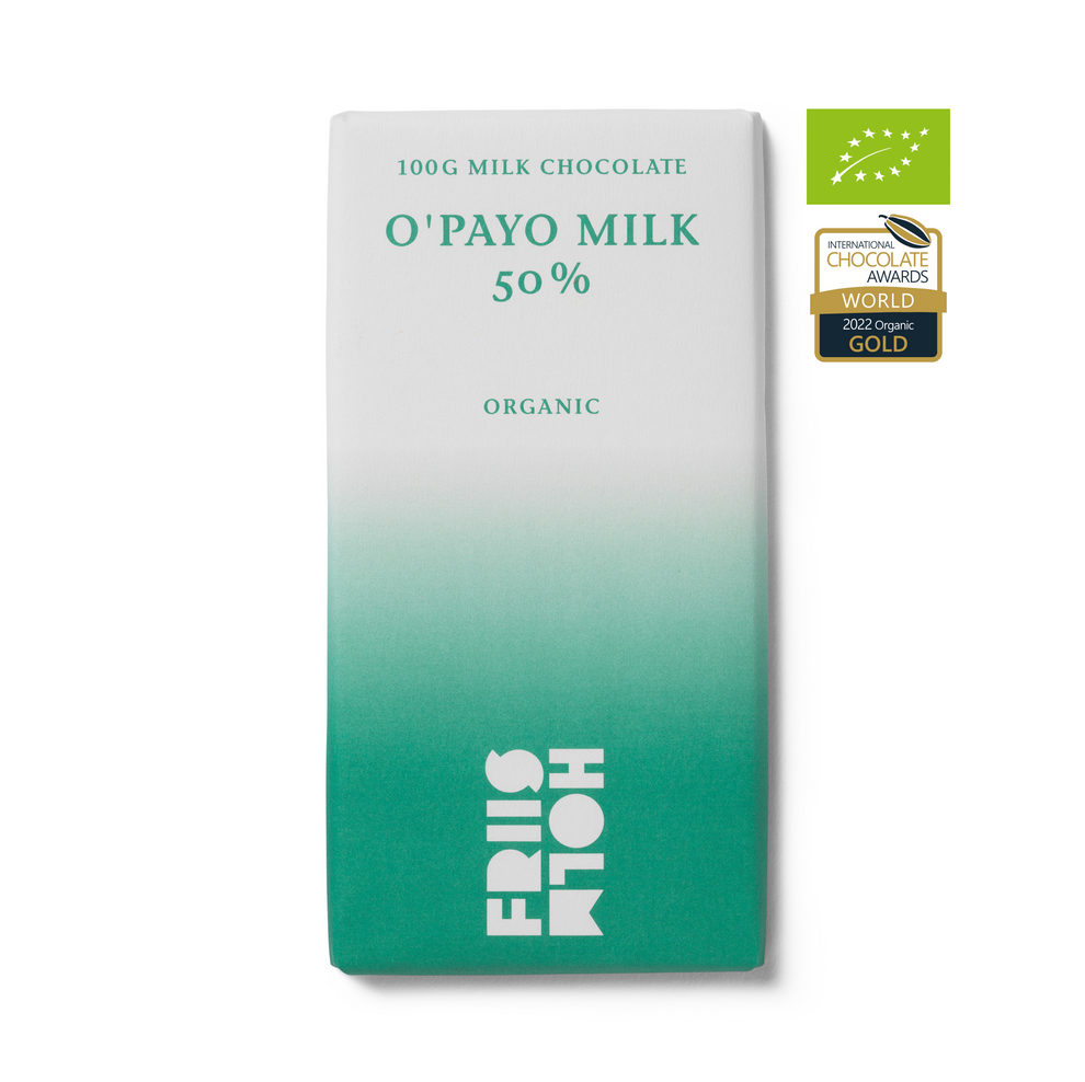 O'Payo Milk 50 %, 100 g. Øko. DK-ØKO-100. EU / IKKE-EU-JORDBRUG – Friis-Holm Chokolade